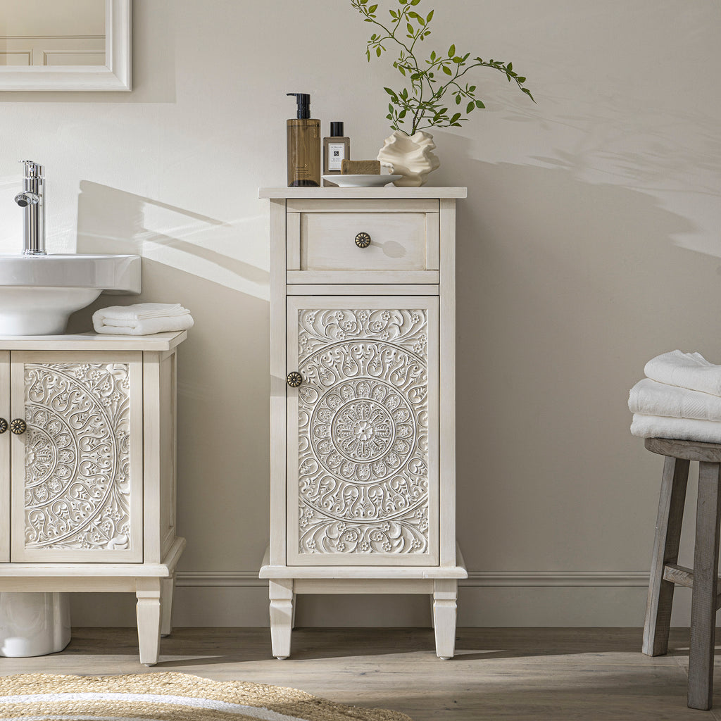 Chantilly Whitewashed Carved Bathroom Cupboard | daals