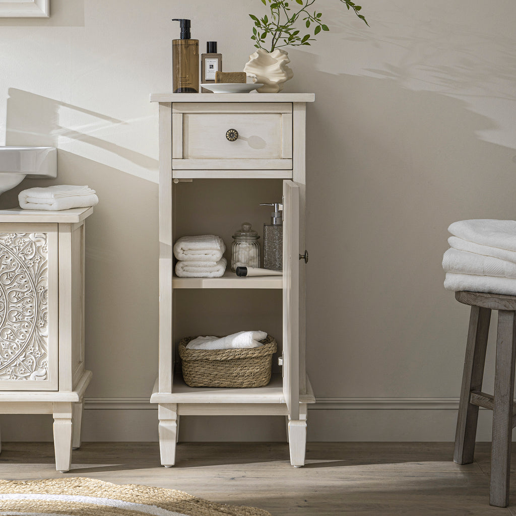 Chantilly Whitewashed Carved Bathroom Cupboard | daals