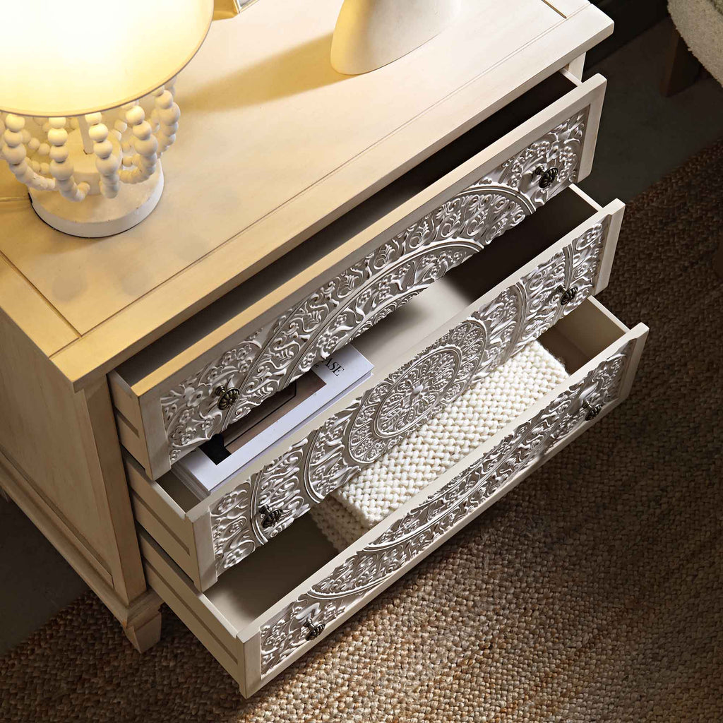 Chantilly Whitewashed Carved 3 Drawer Chest | daals