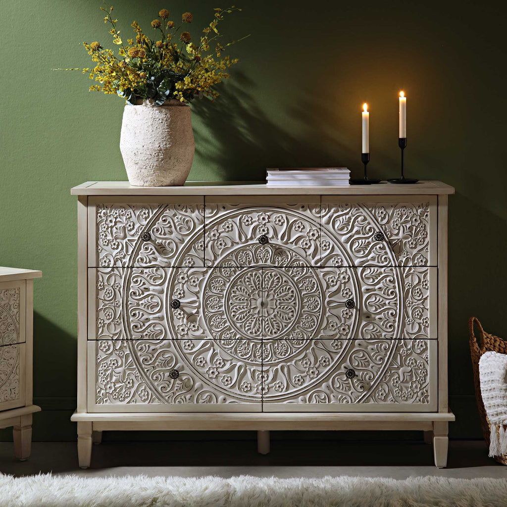 Chantilly Whitewashed Carved 3 over 4 Drawer Chest | daals
