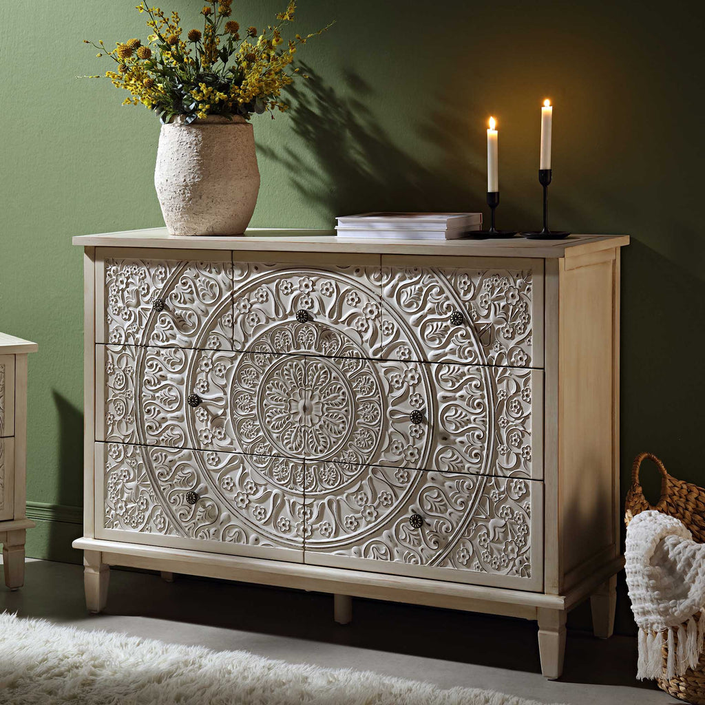 Chantilly Whitewashed Carved 3 over 4 Drawer Chest | daals