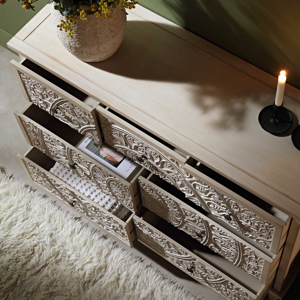 Chantilly Whitewashed Carved 3 over 4 Drawer Chest | daals