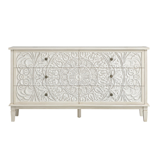 Chantilly Whitewashed Carved Wide 6 Drawer Chest | daals
