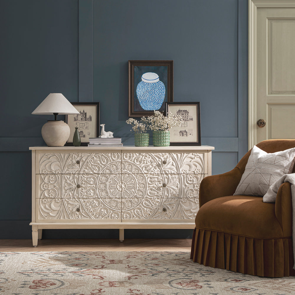 Chantilly Whitewashed Carved Wide 6 Drawer Chest | daals