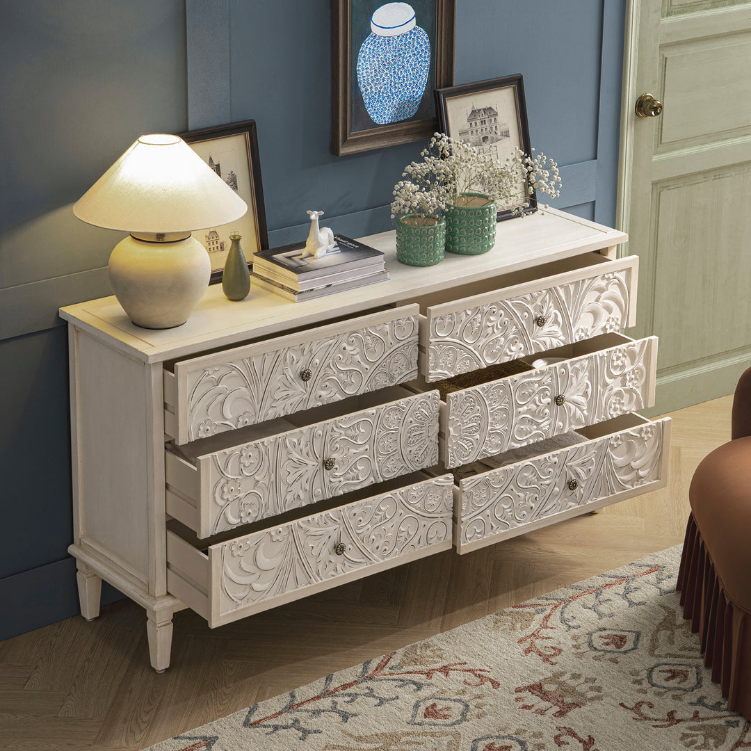 Chantilly Whitewashed Carved Wide 6 Drawer Chest | daals