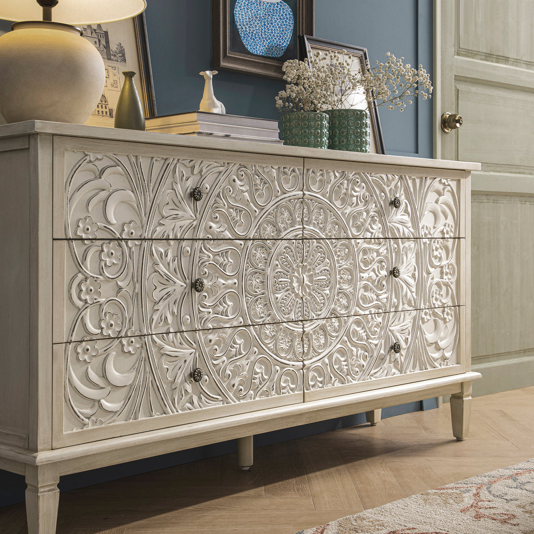 Chantilly Whitewashed Carved Wide 6 Drawer Chest | daals