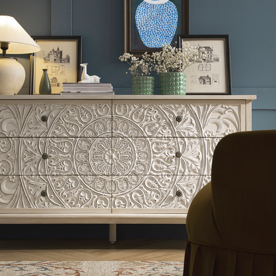 Chantilly Whitewashed Carved Wide 6 Drawer Chest | daals