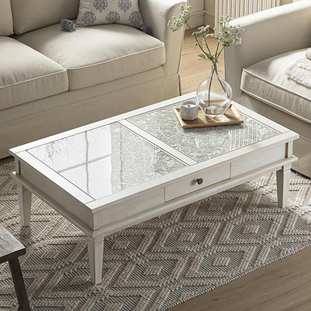 Chantilly Whitewashed Coffee Table with Drawers | daals