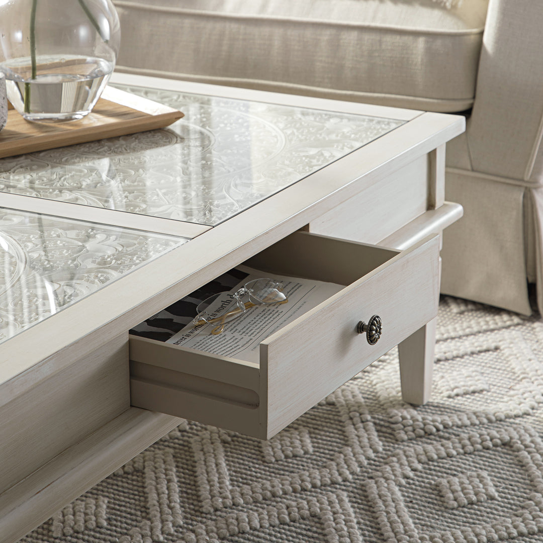 Chantilly Whitewashed Coffee Table with Drawers | daals