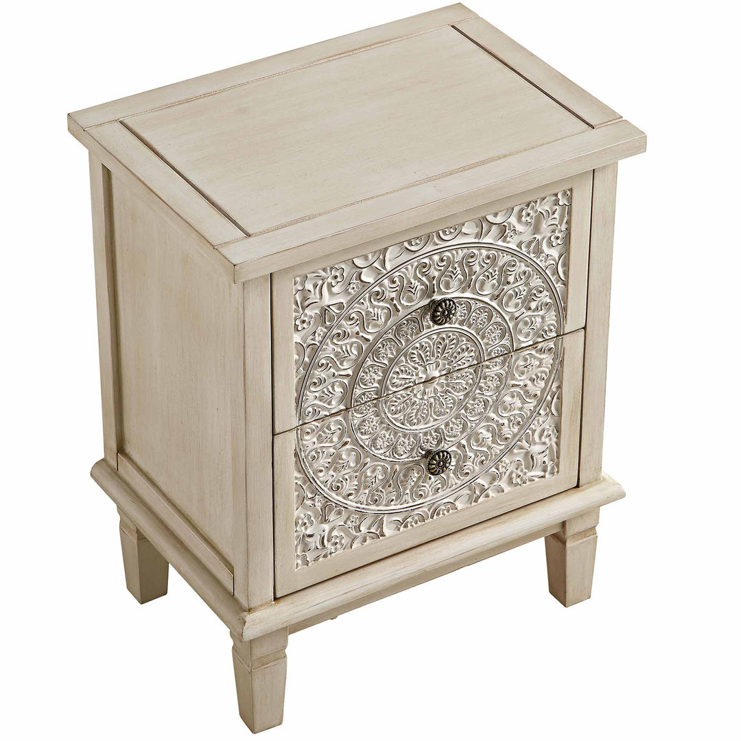 Chantilly Whitewashed Carved 2 Drawer Bedside Table | daals