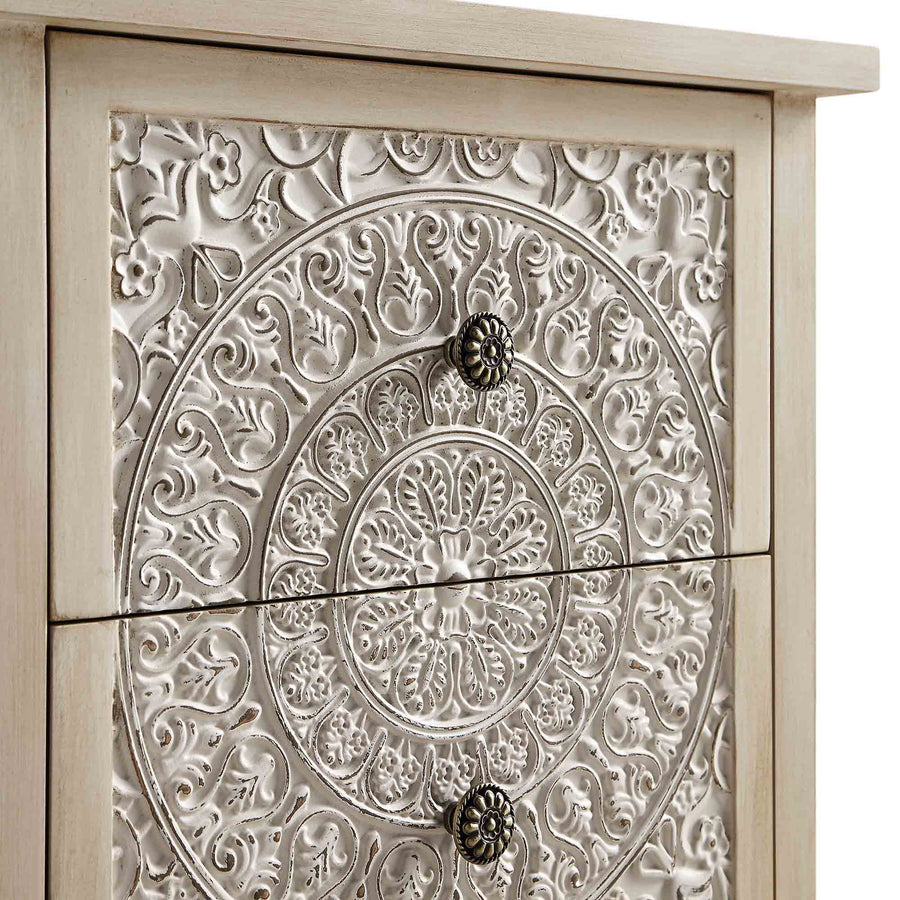 Chantilly Whitewashed Carved 2 Drawer Bedside Table | daals