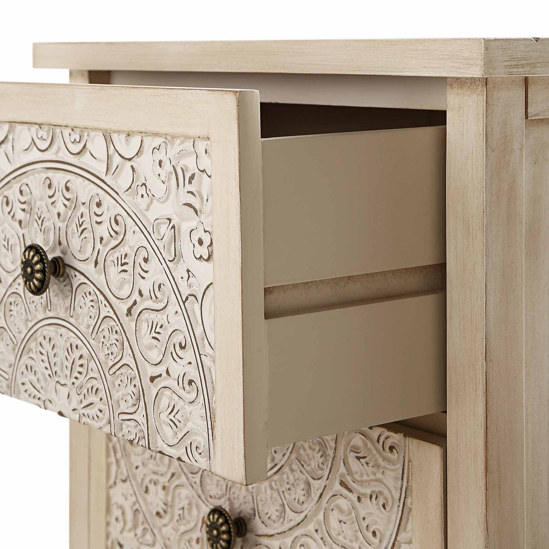Chantilly Whitewashed Carved 2 Drawer Bedside Table | daals