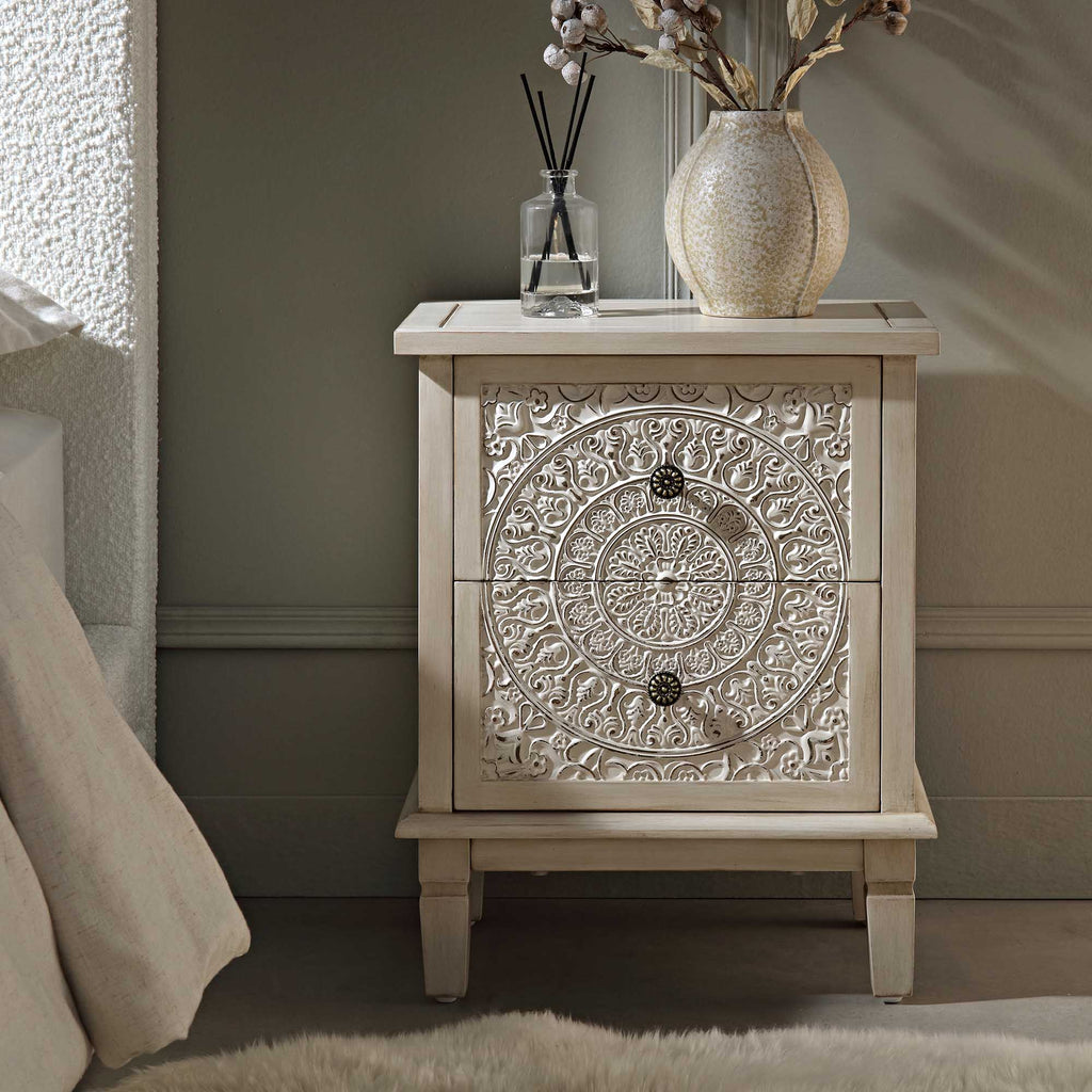 Chantilly Whitewashed Carved 2 Drawer Bedside Table | daals