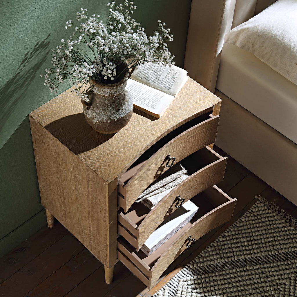 Thalia Concave 3 Drawer Bedside Table, Natural | daals