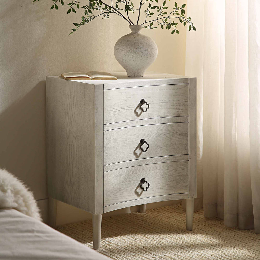 Thalia Concave 3 Drawer Bedside Table, Washed White | daals