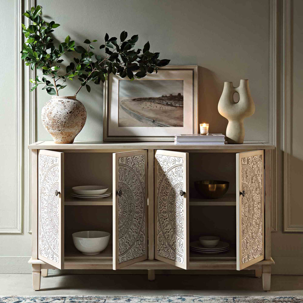 Chantilly Whitewashed Carved Large Sideboard | daals