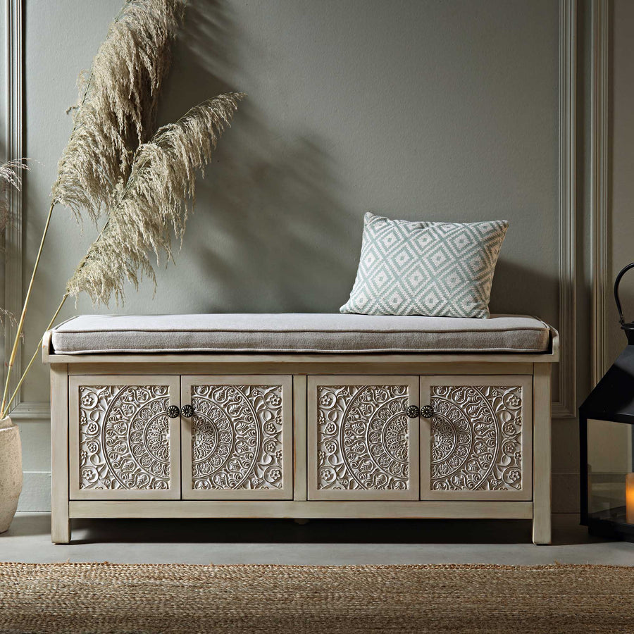 Chantilly Whitewashed Carved Storage Bench | daals