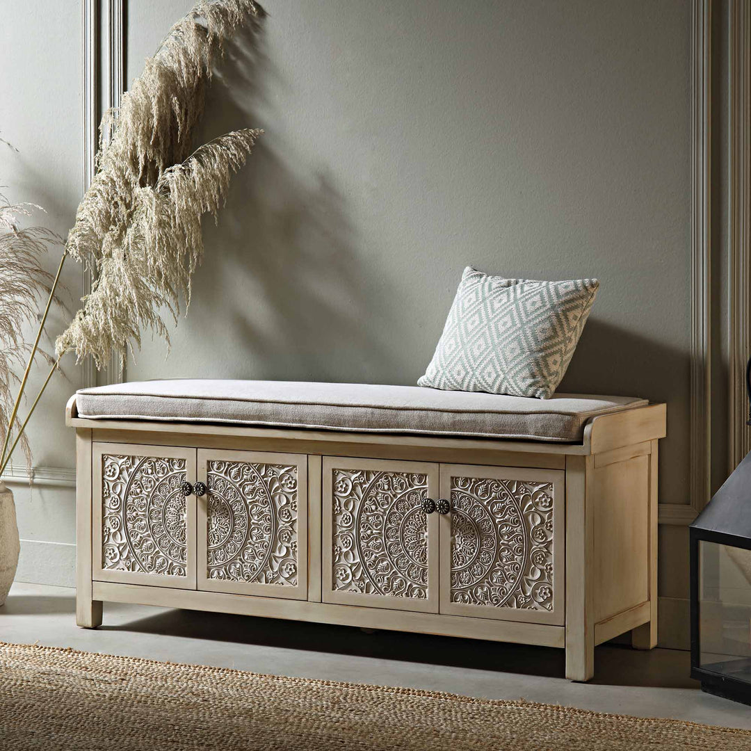 Chantilly Whitewashed Carved Storage Bench | daals