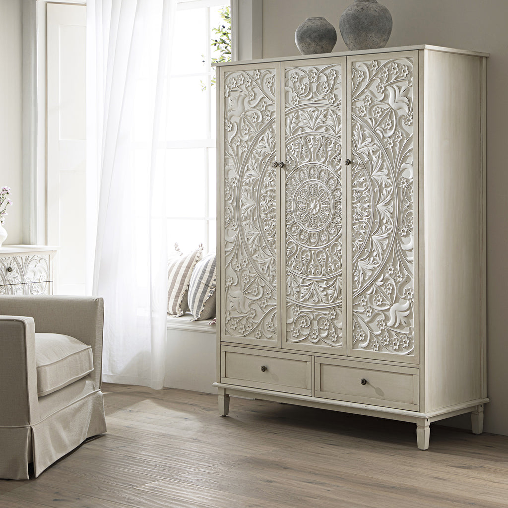 Chantilly Whitewashed Carved Triple Wardrobe | daals