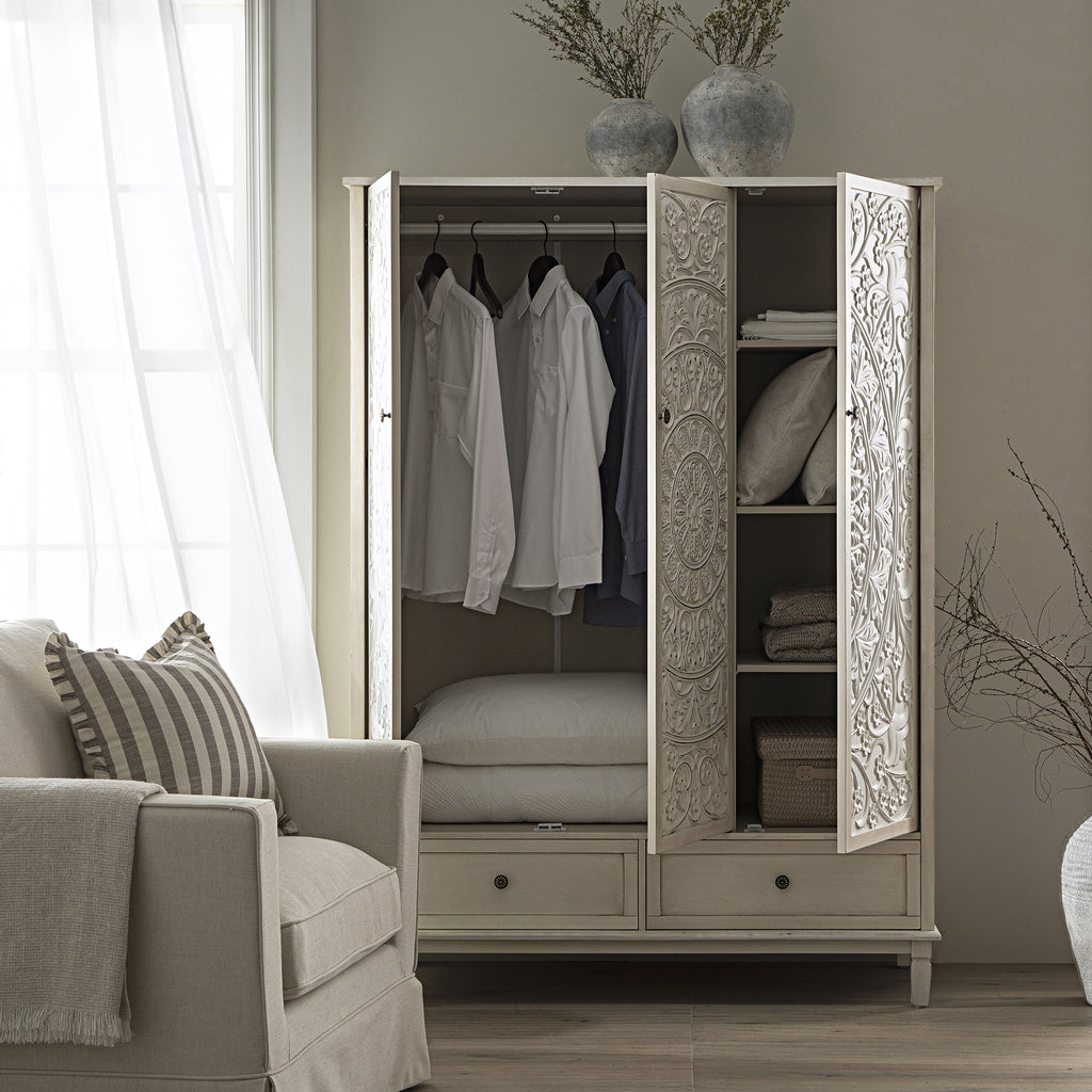 Chantilly Whitewashed Carved Triple Wardrobe | daals