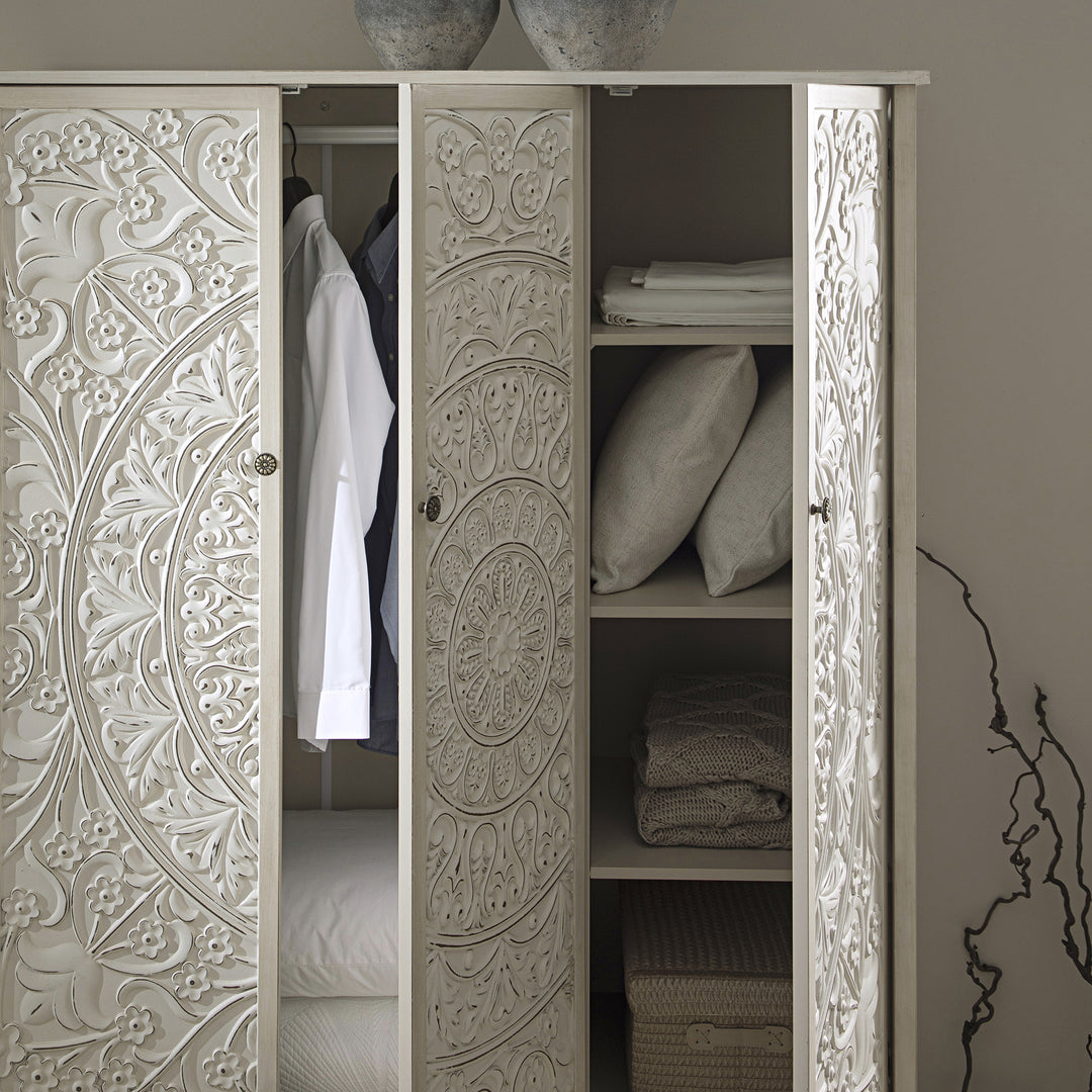 Chantilly Whitewashed Carved Triple Wardrobe | daals