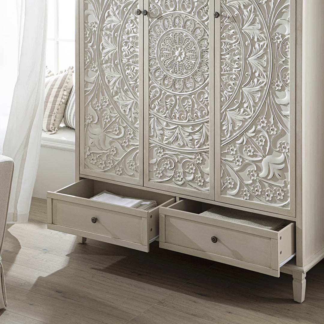 Chantilly Whitewashed Carved Triple Wardrobe | daals
