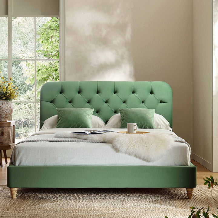 Leamington Deep-Buttoned Upholstered Bed, Meadow Green Velvet | daals