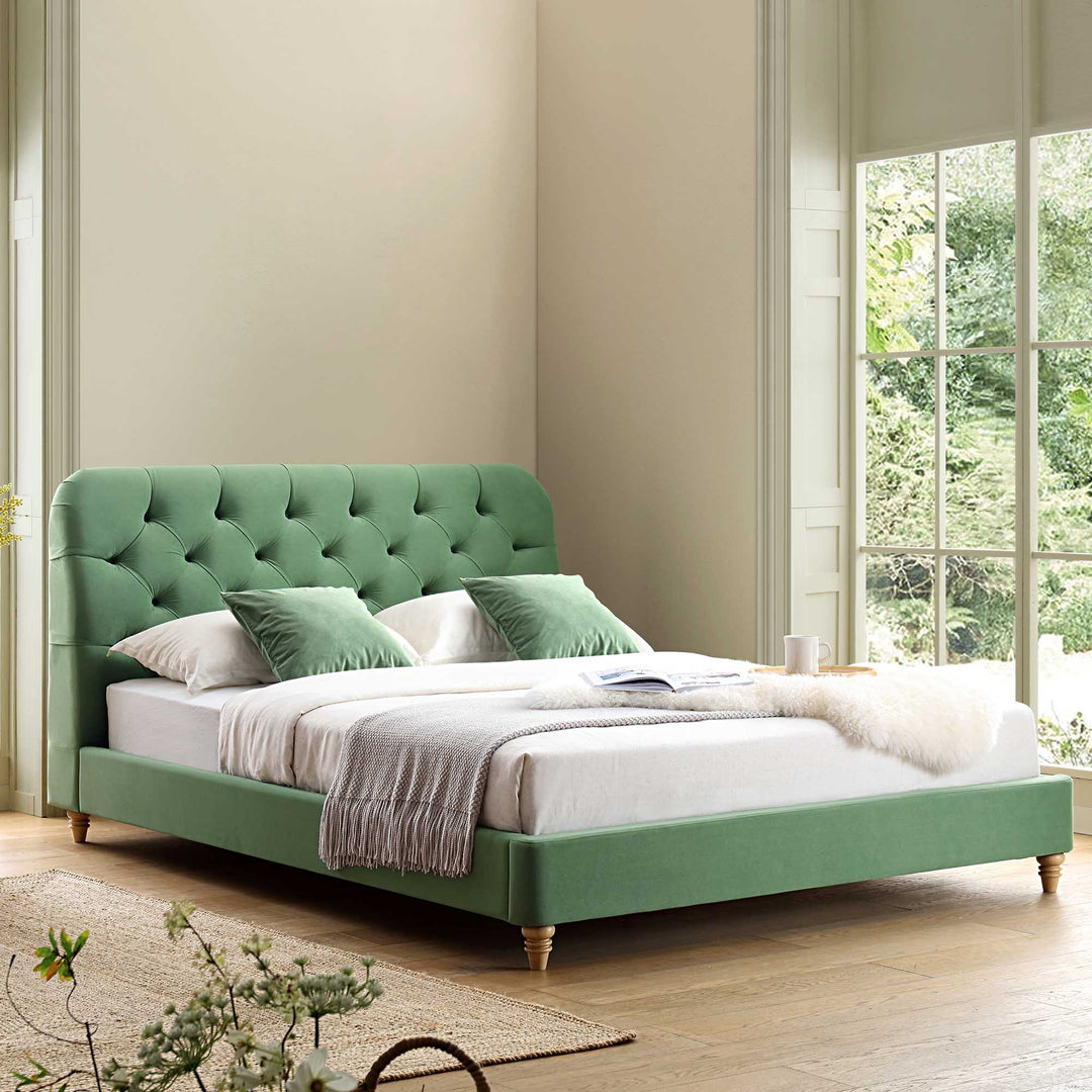 Leamington Deep-Buttoned Upholstered Bed, Meadow Green Velvet | daals