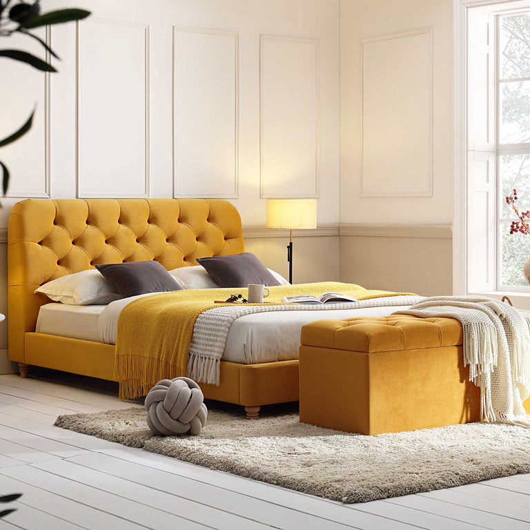 Leamington Deep-Buttoned Upholstered Bed, Turmeric Yellow Velvet | daals