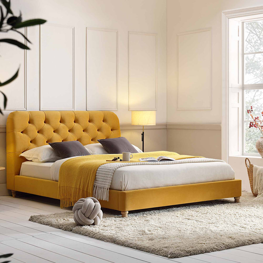 Leamington Deep-Buttoned Upholstered Bed, Turmeric Yellow Velvet | daals