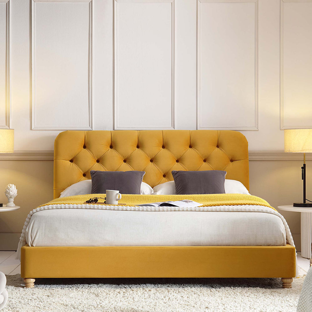 Leamington Deep-Buttoned Upholstered Bed, Turmeric Yellow Velvet | daals