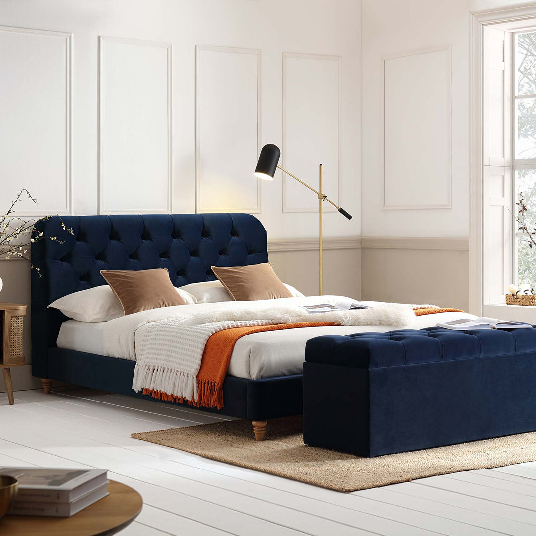 Leamington Deep-Buttoned Upholstered Bed, Midnight Blue Velvet | daals