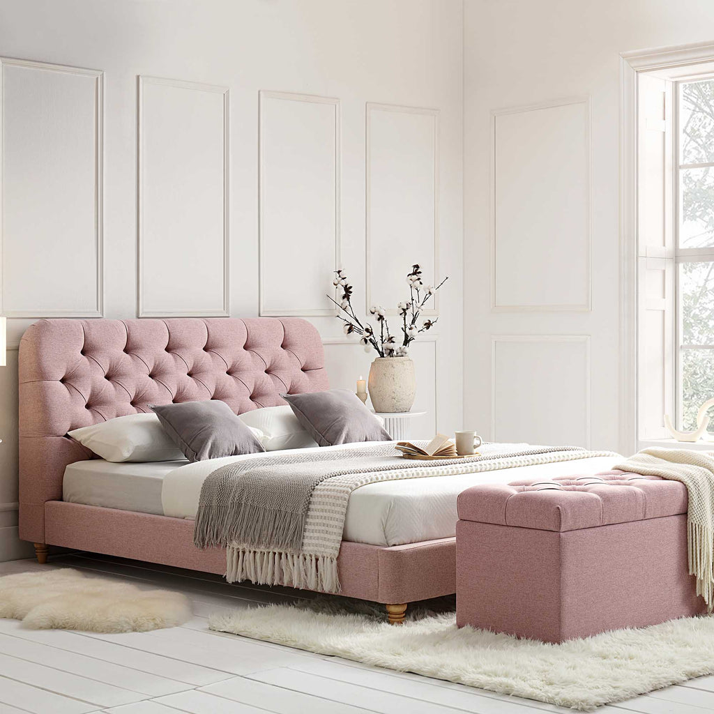 Leamington Deep-Buttoned Upholstered Bed, Rosewater Pink Fabric | daals
