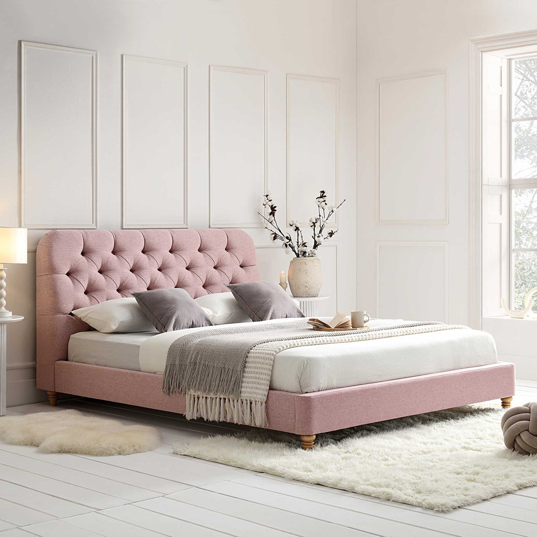 Leamington Deep-Buttoned Upholstered Bed, Rosewater Pink Fabric | daals