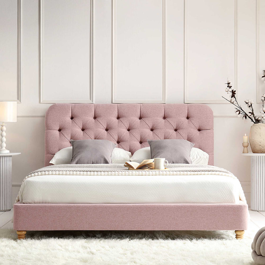 Leamington Deep-Buttoned Upholstered Bed, Rosewater Pink Fabric | daals