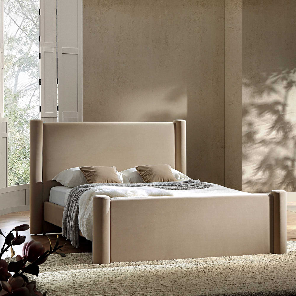 Galerie Taupe Velvet Pillar Upholstered Bed | daals