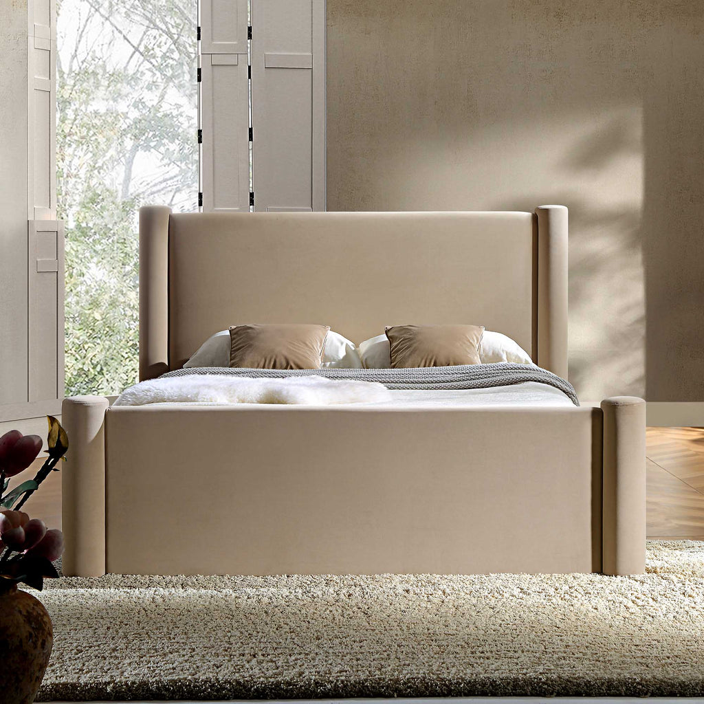 Galerie Taupe Velvet Pillar Upholstered Bed | daals