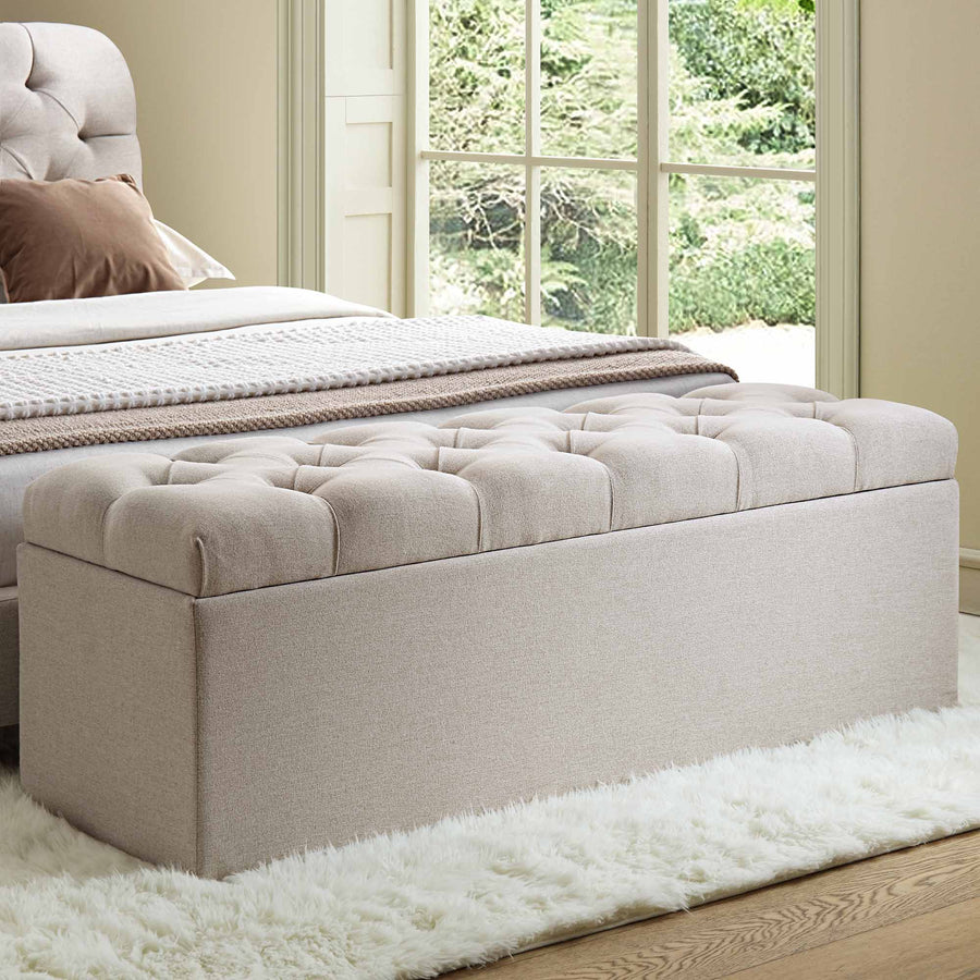 Leamington Deep-Buttoned Ottoman Storage Bench, Oatmeal Fabric | daals