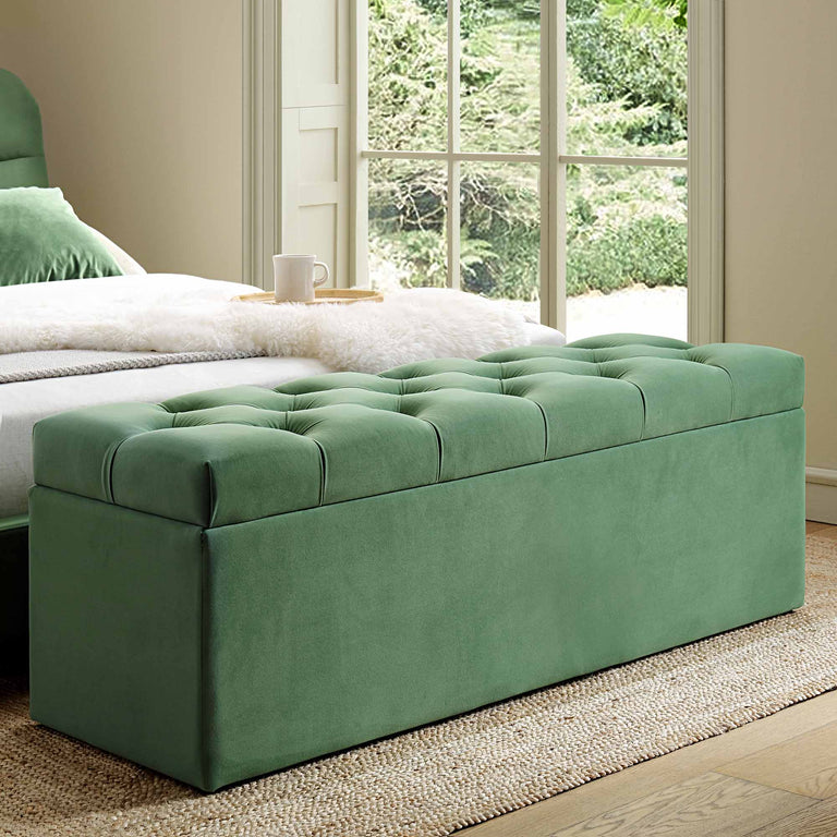 Leamington Deep-Buttoned Ottoman Storage Bench, Meadow Green Velvet | daals