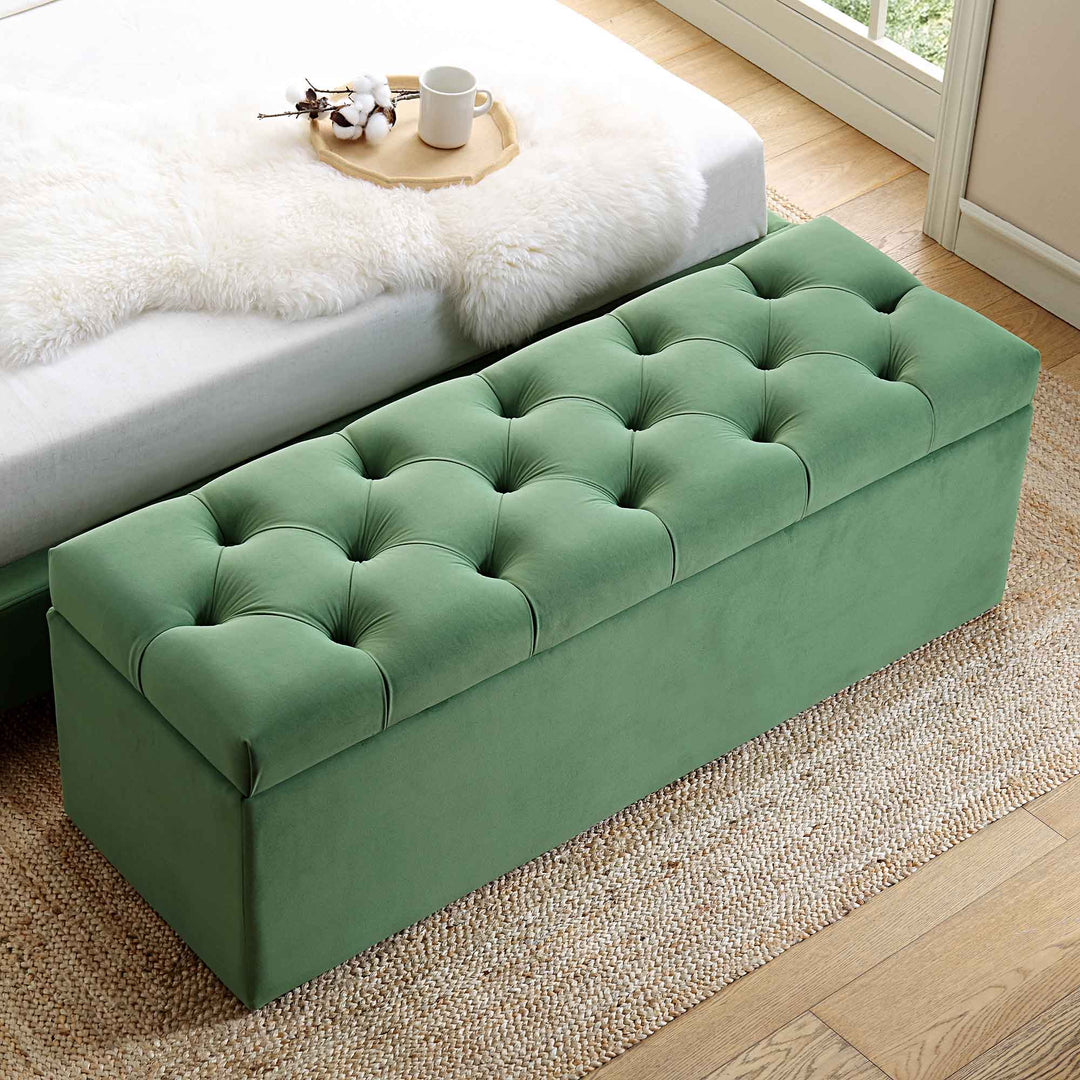 Leamington Deep-Buttoned Ottoman Storage Bench, Meadow Green Velvet | daals
