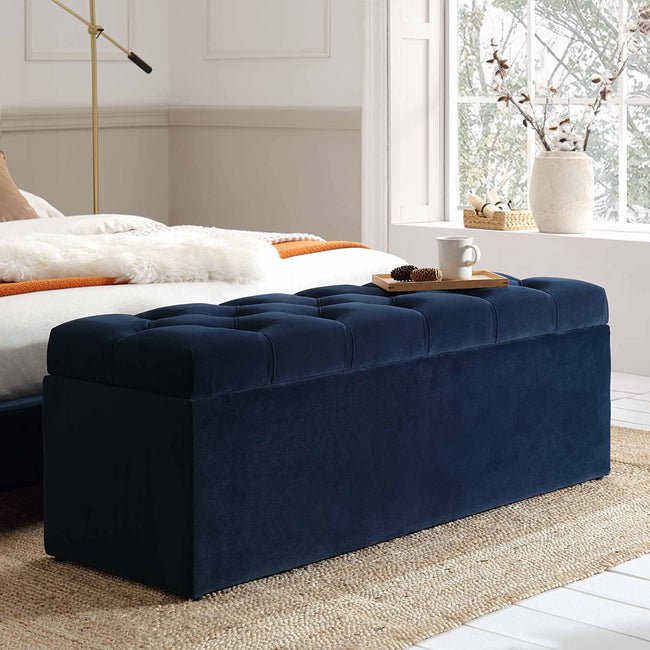Leamington Deep-Buttoned Ottoman Storage Bench, Midnight Blue Velvet ...