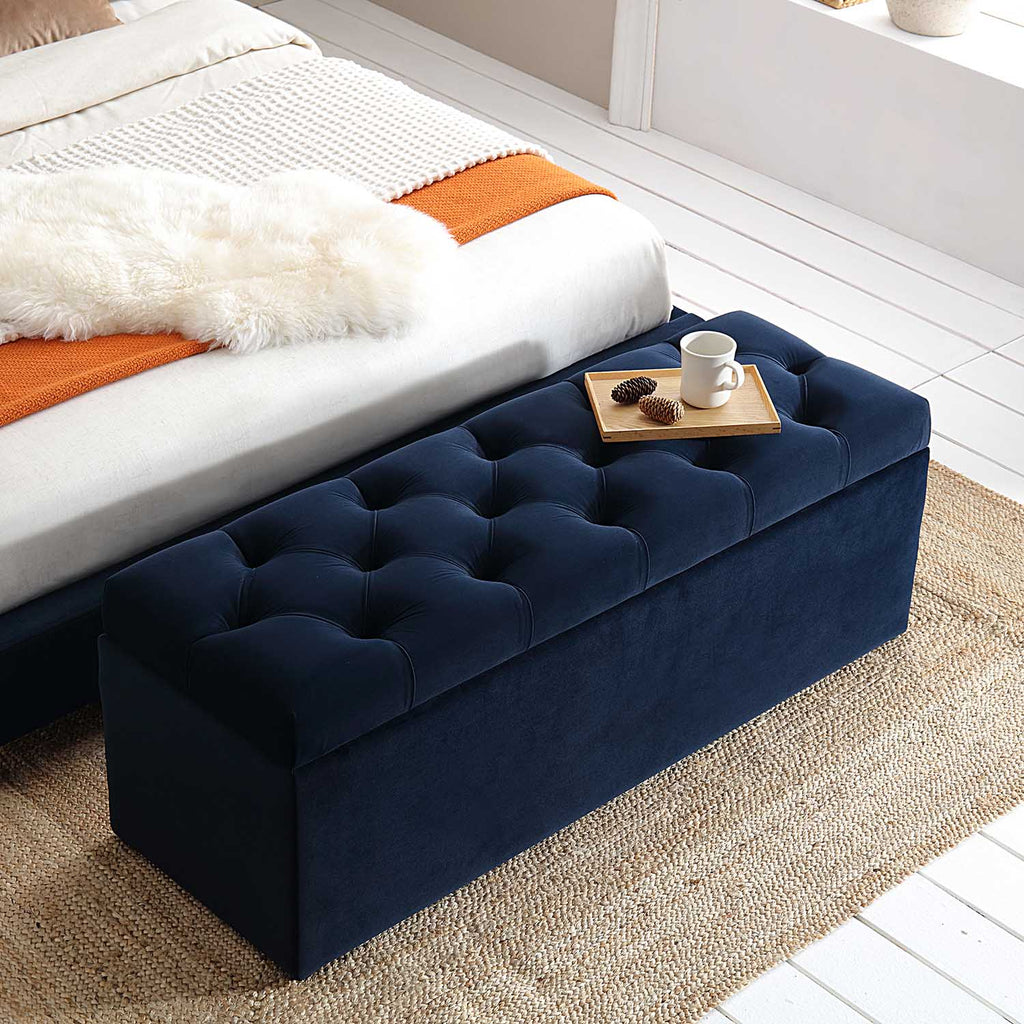 Leamington Deep-Buttoned Ottoman Storage Bench, Midnight Blue Velvet ...