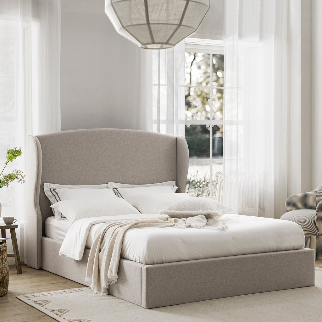 Kimberly Winged Upholstered Storage Bed, Sand Fabric | daals