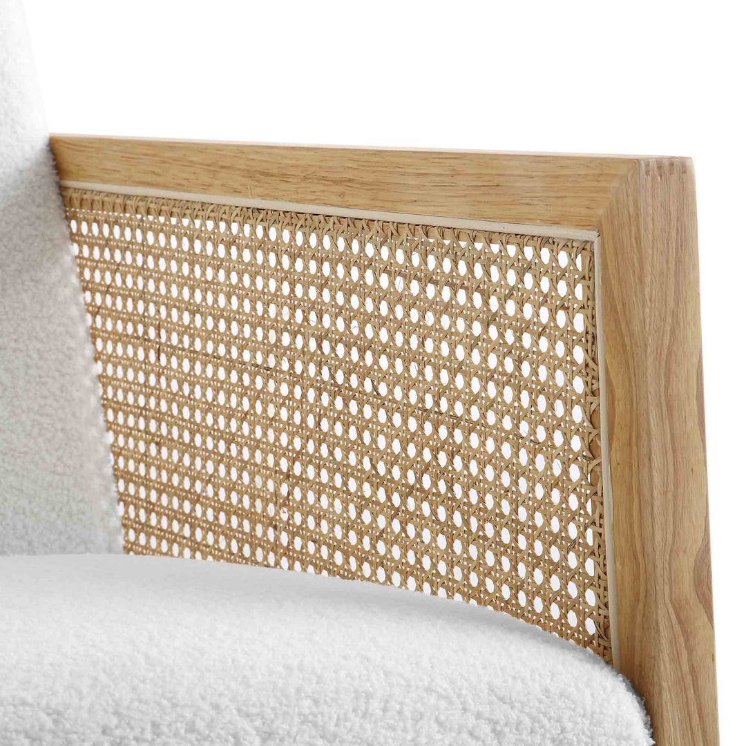 Fyne Ecru Boucle Rocking Armchair with Rattan Armrests | daals