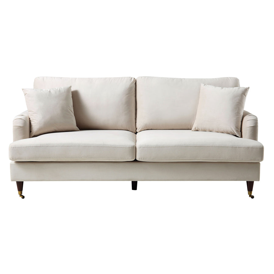 Brigette 3-Seater Beige Velvet Sofa with Antique Brass Castor Legs | daals