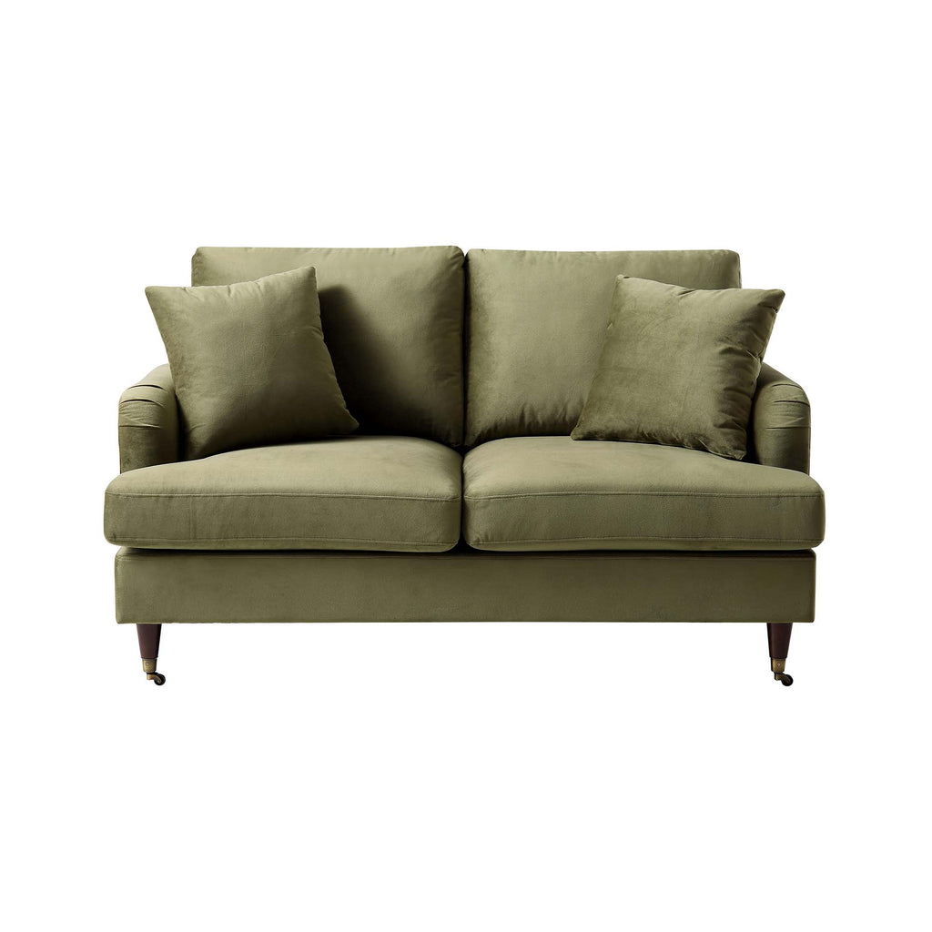Brigette 2-Seater Olive Green Velvet Sofa with Antique Brass Castor Le ...