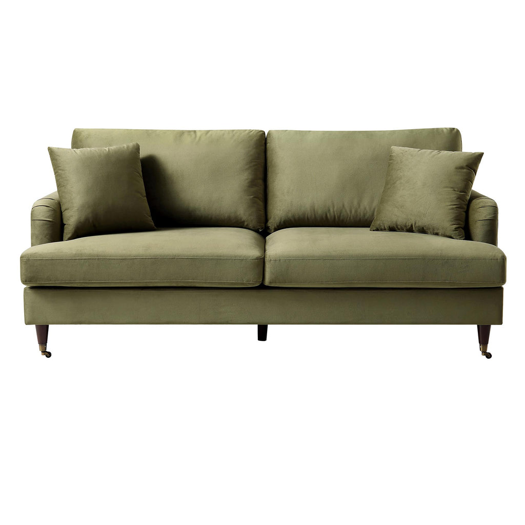 Brigette 3-Seater Olive Green Velvet Sofa with Antique Brass Castor Le ...