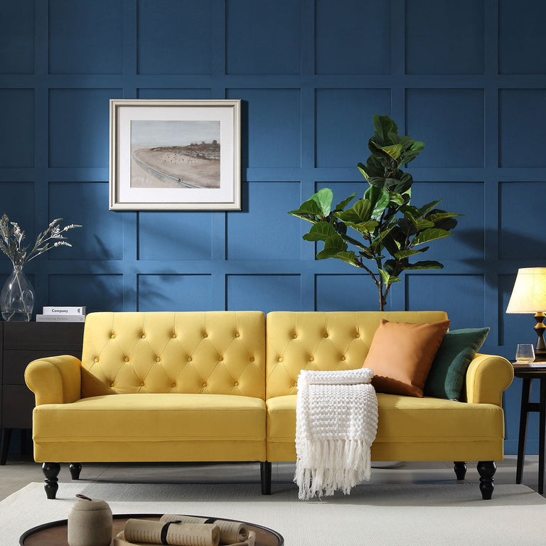 Hanney 3-Seater Chesterfield Sofabed in Mustard Yellow Velvet | daals