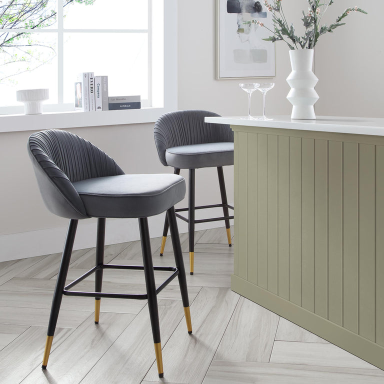 Miyae Set of 2 Pleated Light Grey Velvet Upholstered Counter Stools | daals