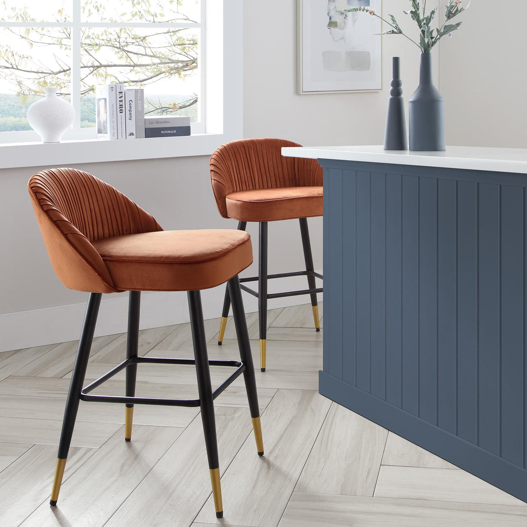 Miyae Set of 2 Pleated Burnt Orange Velvet Upholstered Counter Stools ...
